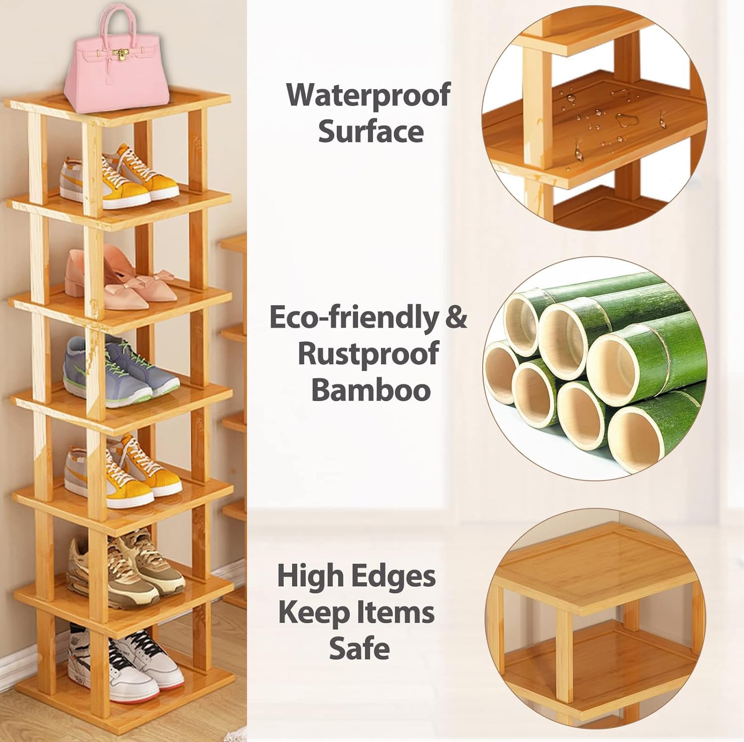 7 Tiers Bamboo Shoe Rack,Vertical Shoe Rack for Small Spaces,Tall Narrow Shoe Rack Organizer for Hallway,Closet Entryway Corner Garage and Bedroom,Skinny Shoe Shelf Free Stackable,Space Saving Storage