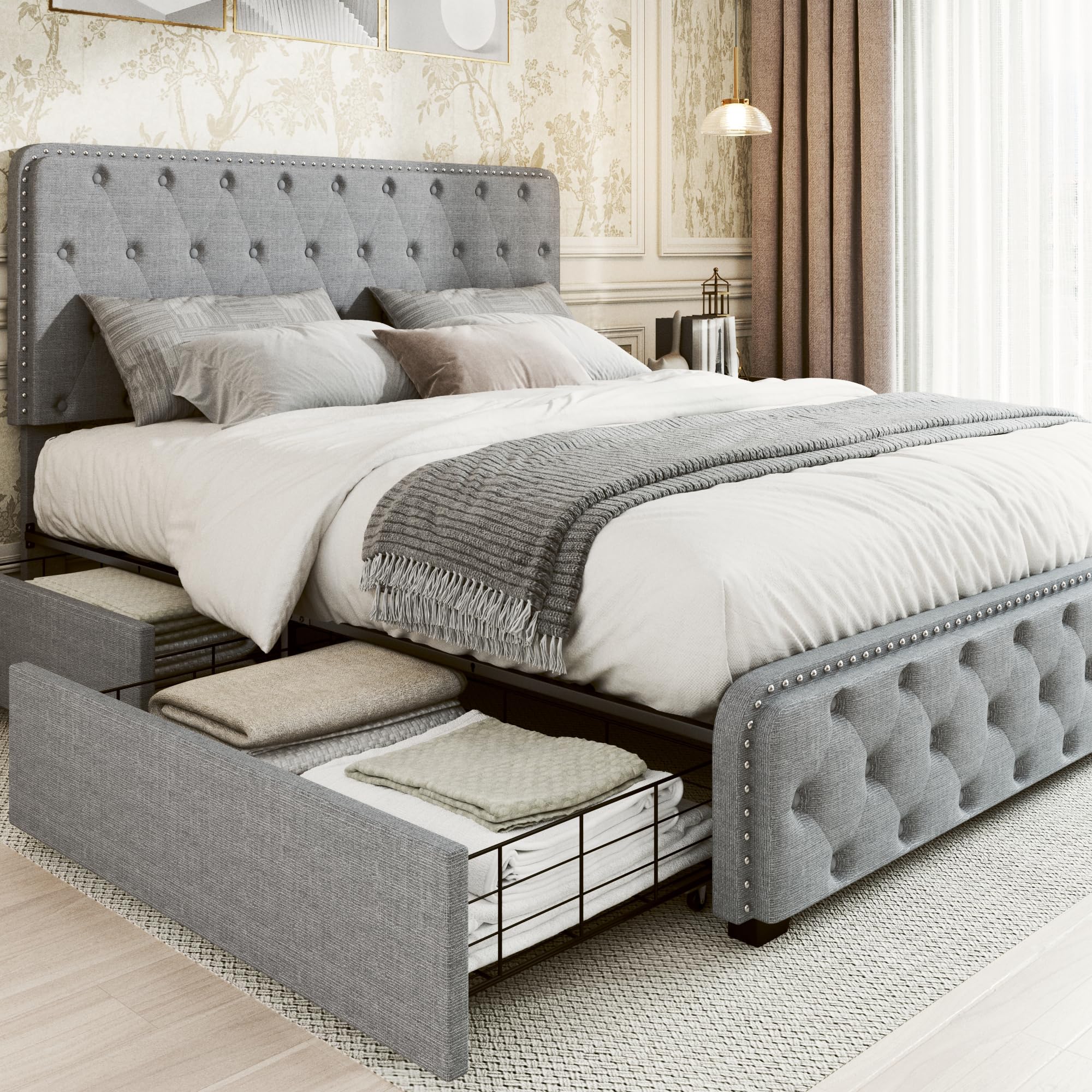 Fluest Queen Bed Frame with Headboard Storage Drawers of 4 Upholstered Bed Frame Platform Adjustable Headboard Metal Slats Support/No Box Spring Needed/Easy Assembly/Mattress Foundation, Dark Gray