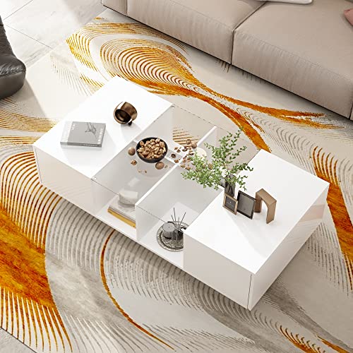 ECACAD Modern LED Coffee Table with Drawers & Open Compartments, Rectangle Coffee Center Table with Glass Top for Living Room, Bedroom, White (47.4" W x 23.6" D x 13.9" H)