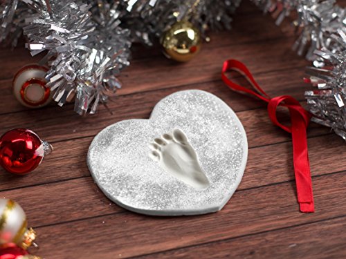 Lil Peach Baby’s Print Clay Heart Christmas Ornament, Holiday Newborn Handprint or Footprint Making Kit, Baby's First Christmas Tree Ornament Keepsake, Silver Glitter Heart