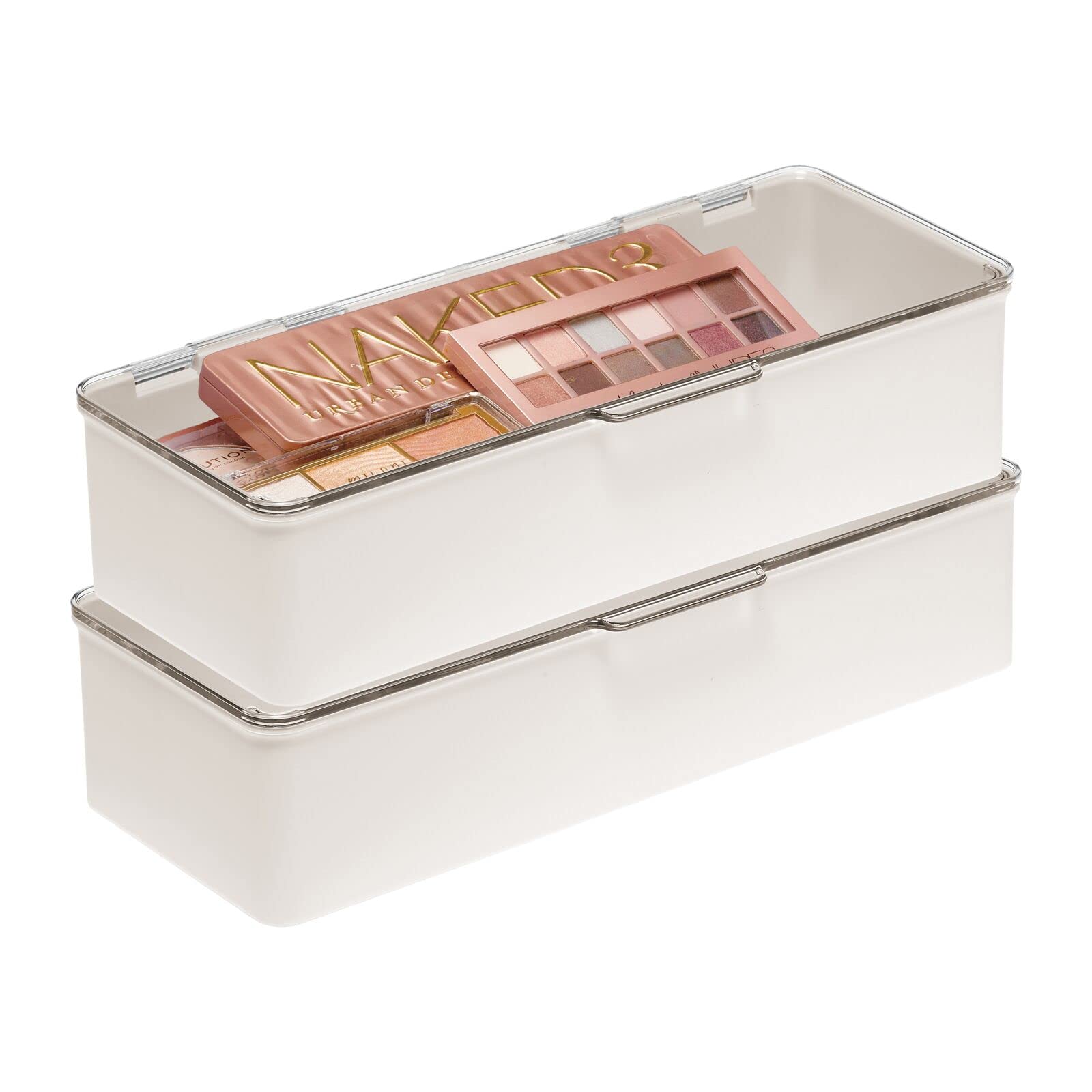mDesign Long Plastic Cosmetic Storage Organizer Box Containers, Hinged Lid for Bedroom, Bathroom Vanity Shelf or Cabinet, Holds Masks, Palettes, Lotion, Nail Polish, 2 Pack, Cream/Beige/Clear