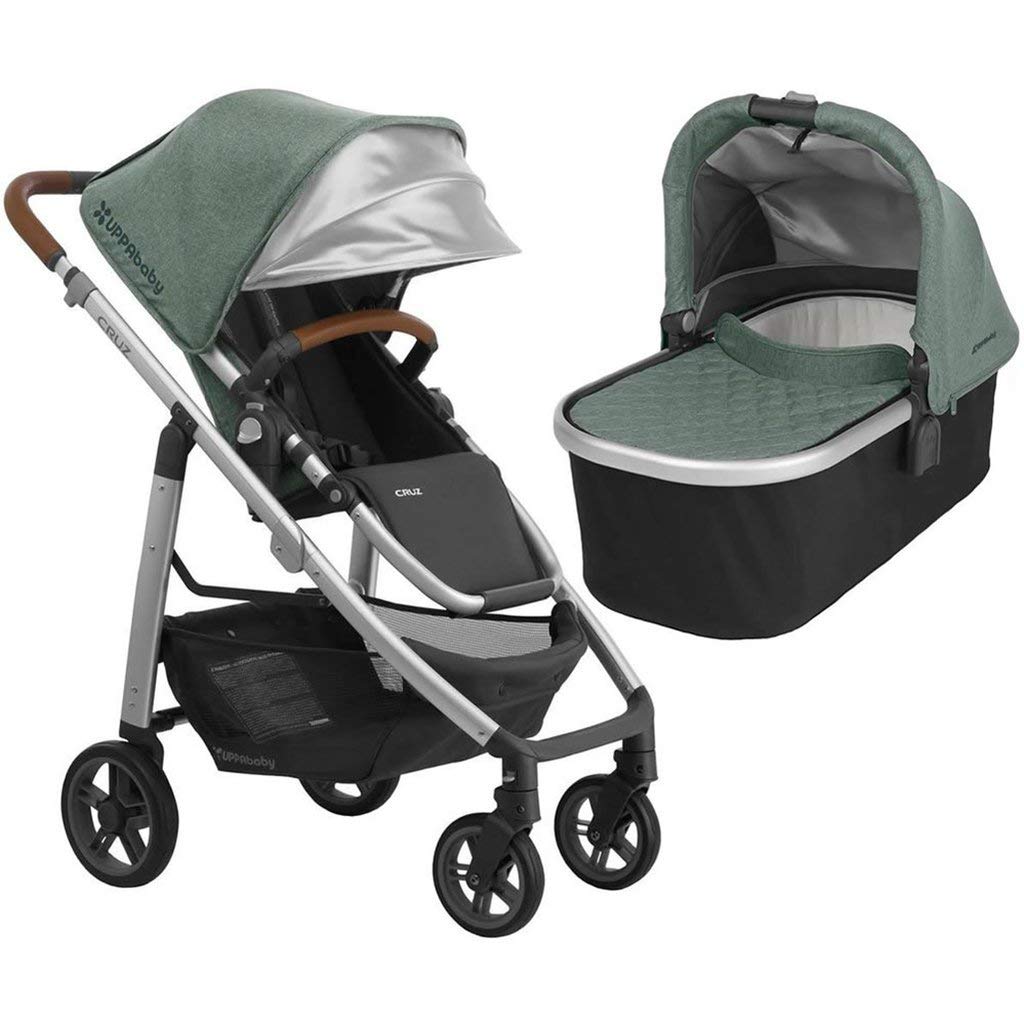 2018 UPPABaby Cruz Stroller - Emmett (Green Melange/Silver/Saddle Leather) + Bassinet - Emmett (Green Melange/Silver)