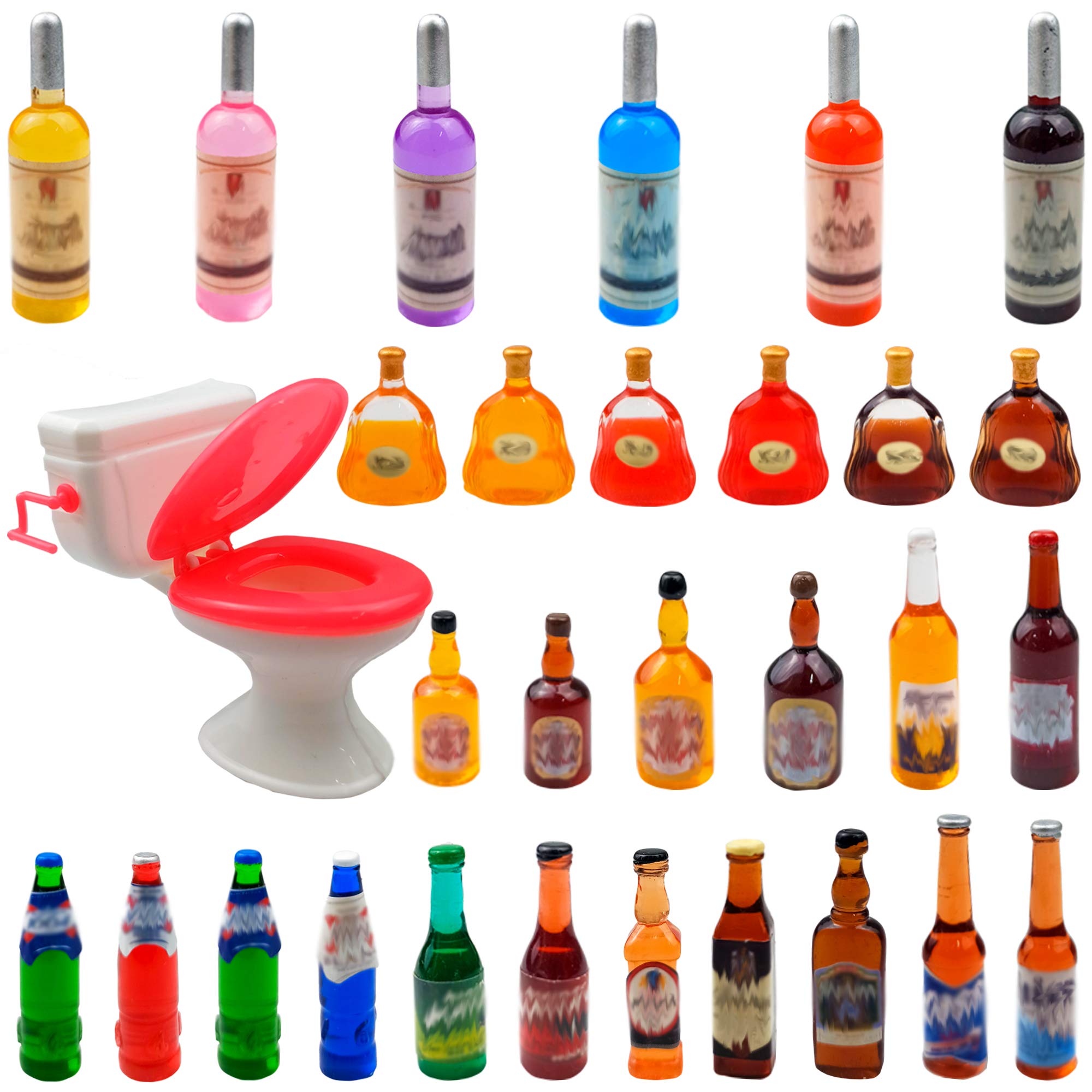 30 PCS 29 Styles Mini Wine Bottles Cake Toppers with 1 Plastic Miniature Toilet Toy Funny Dollhouse Cupcake Cake Topper Gift Set for Birthday Party Bachelorette Party Decorations
