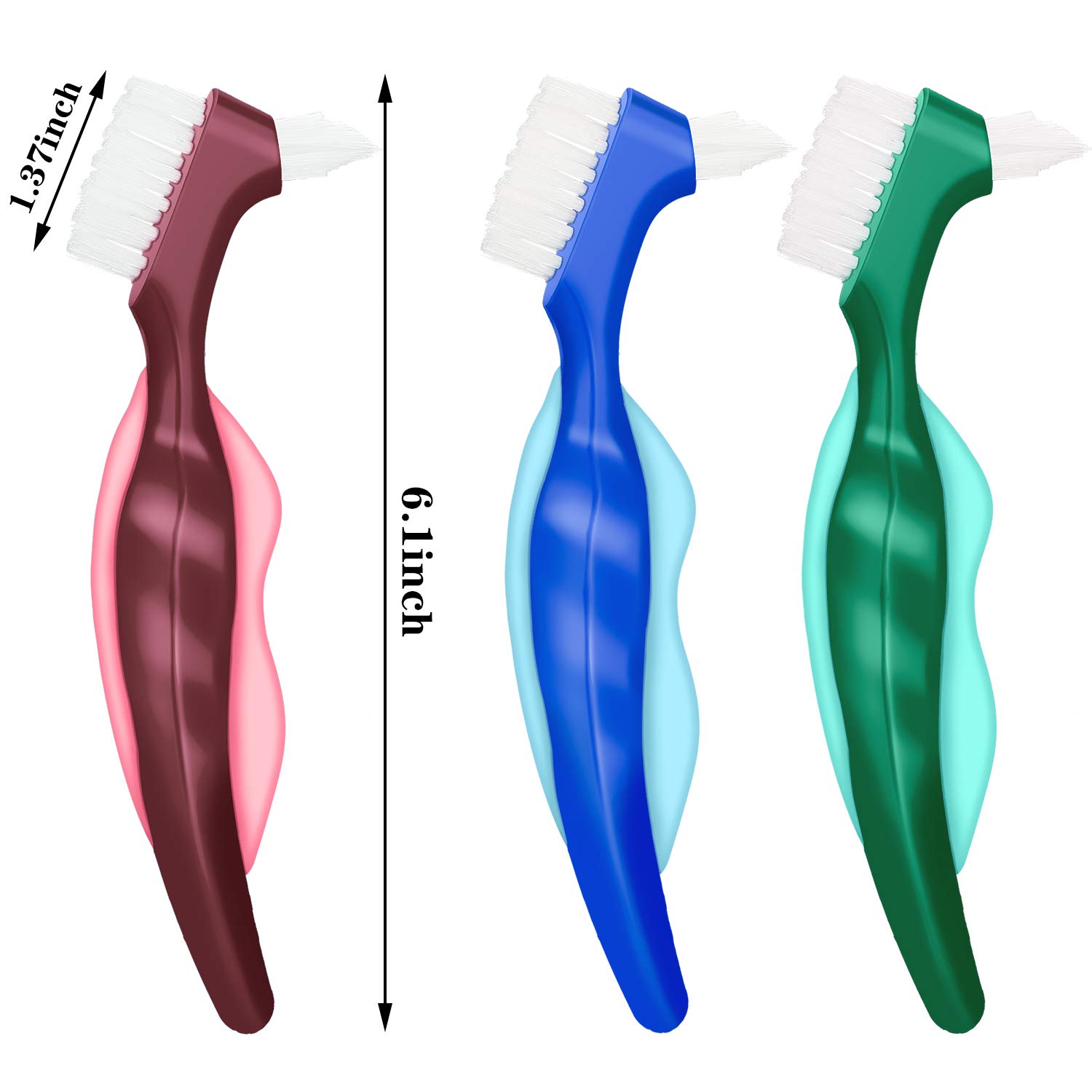 WILLBOND 6 Pieces Denture Brushes Cleaning Hard Denture Toothbrush Retainer Brush with White Carrying Case for False Teeth Cleaning(Red, Green and Blue)