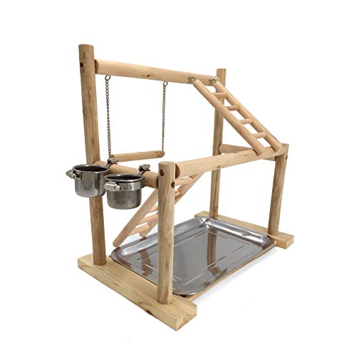 MINORPET Pet Bird Playpen, Wood Parrot Playstand Bird Playground Perch Gym Ladder with Toys Exercise Play, 2 Feeder Cups, Easy Assemble