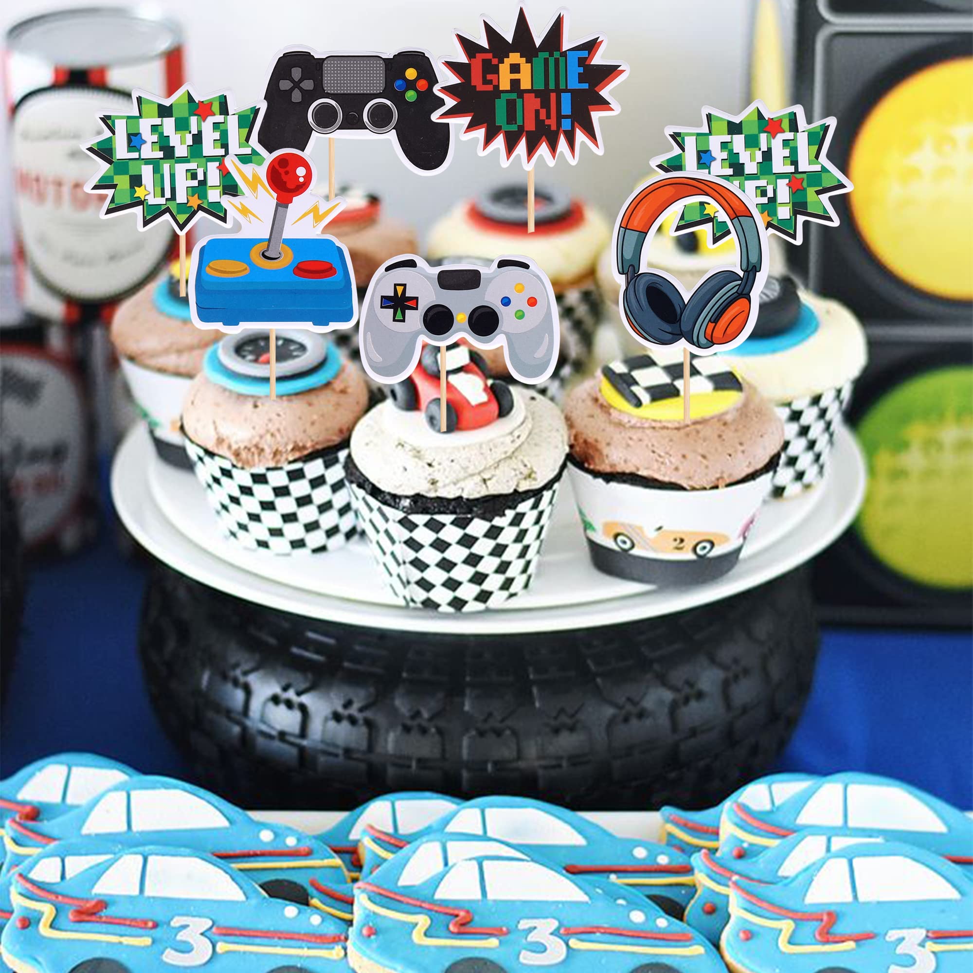 36 PCS Video Game Cupcake Toppers Assembled Game On Controllers Cupcake Picks GamePad Cake Decorations for Game Theme Baby Shower Kids Boys Girls Birthday Anniversary Party Decorations Supplies