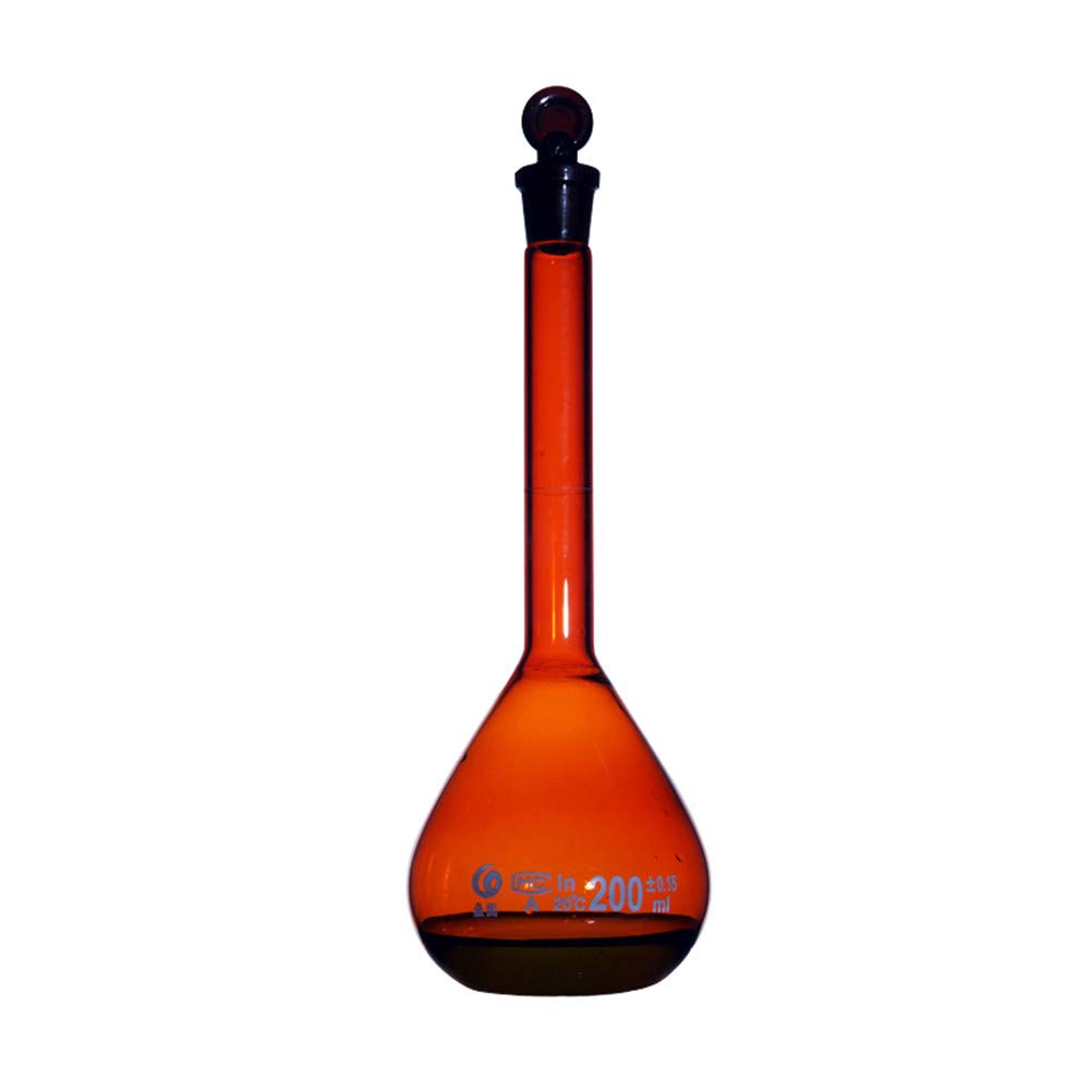 Volumetric Flask with Grinding Stopper, Amber, Class A, Capacity 200ml, Printed Blue Graduations & Marking Spot, Borosilicate Glass, Lab Glassware Kits (200ml)