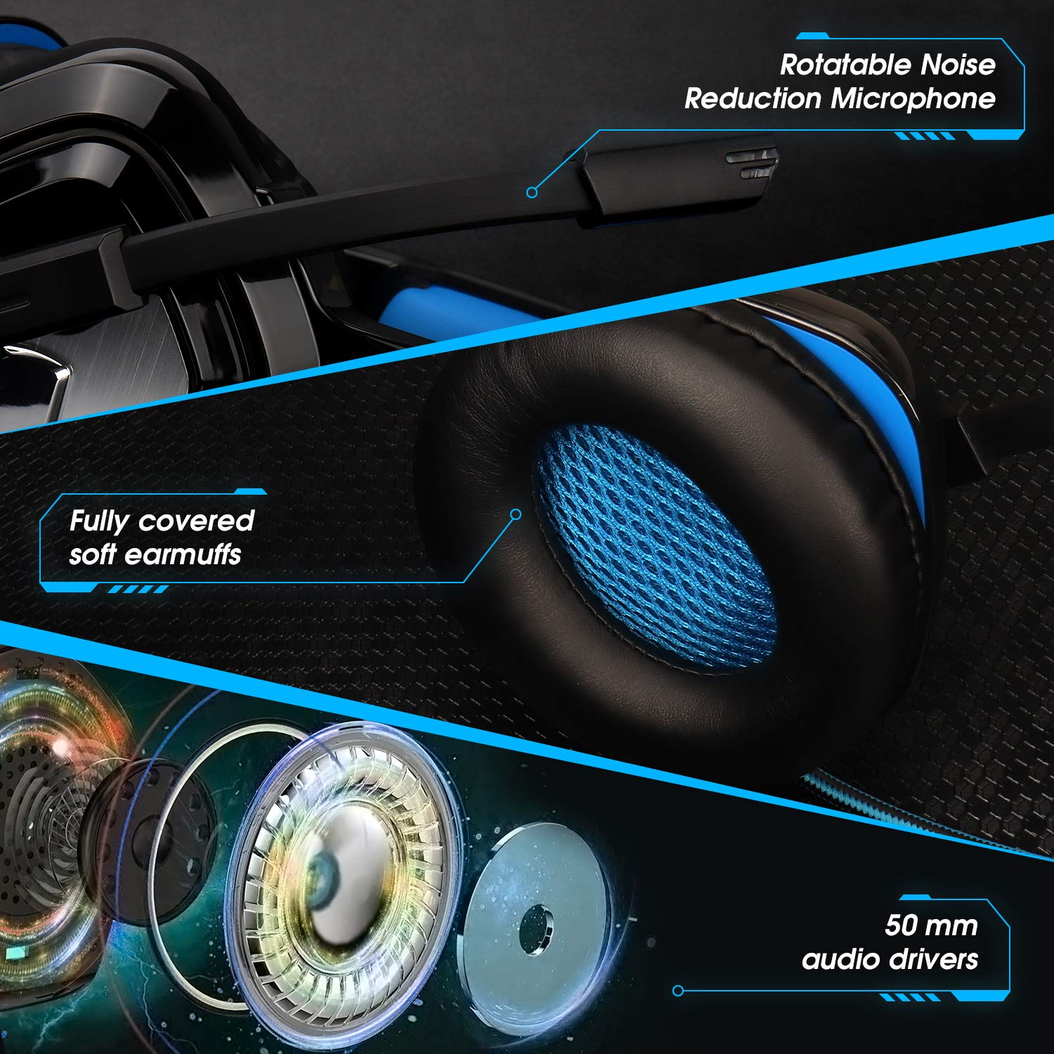 August Gaming Headset EPG100L - Stereo Surround Sound Noise Cancellation Wired Headphones with Adjustable Microphone and RGB Light Compatible PC Mac Tablets Phones