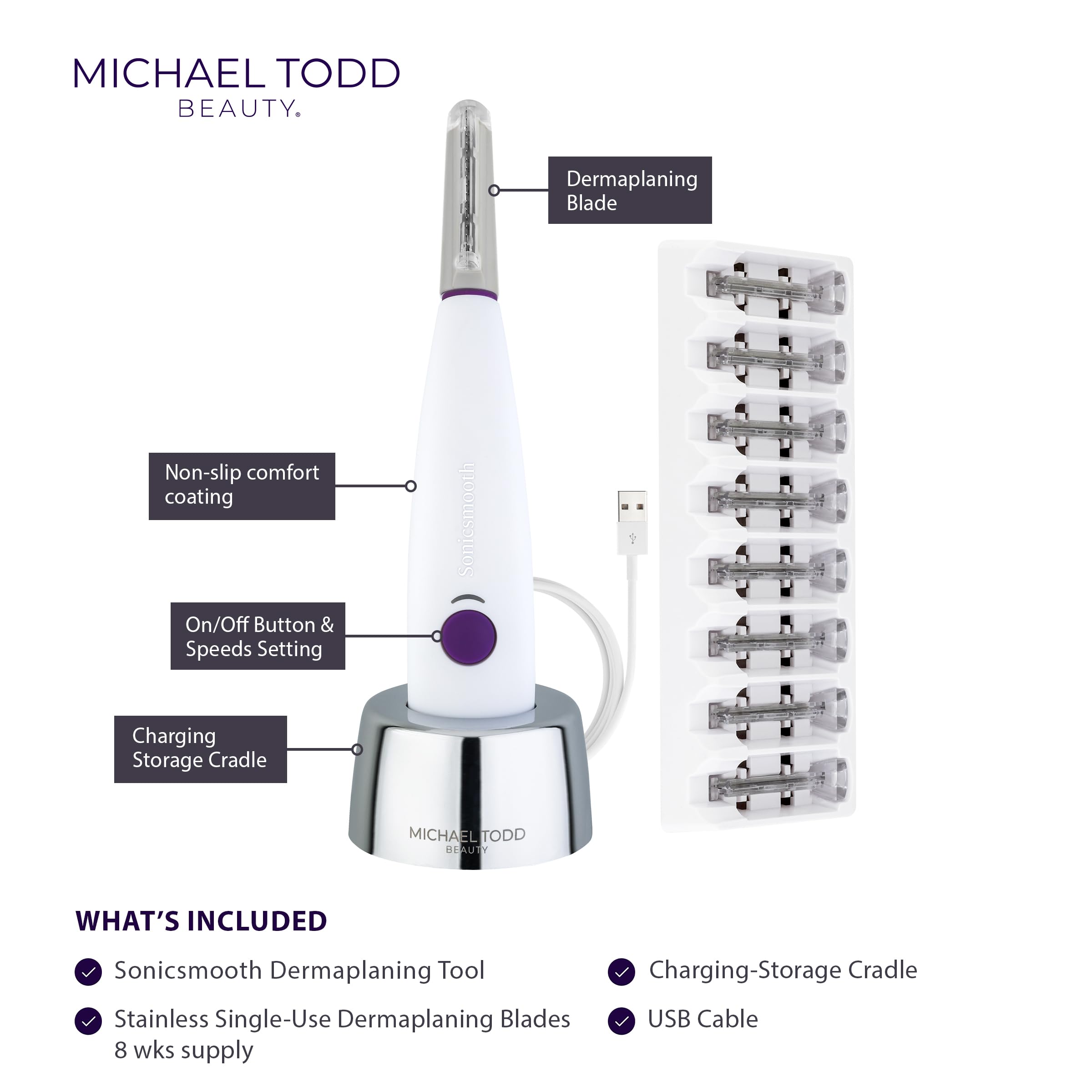 Michael Todd Beauty - Sonicsmooth – SONIC Technology Dermaplaning Tool - 2 in 1 Women’s Facial Exfoliation & Peach Fuzz Hair Removal System with 8 Weeks of Dermaplaning Blades