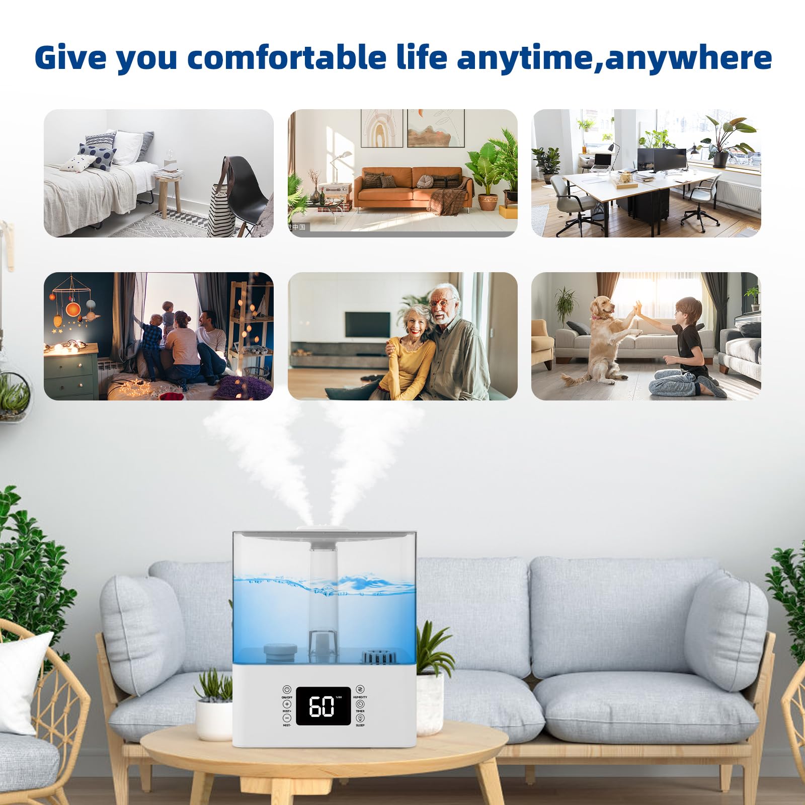 6L Humidifiers for Bedroom Large Room, Cool and Warm Mist Humidifiers for Nursery & Plants, Mist Top Fill Desk Humidifiers Essential Oil Diffuser with Adjustable Mist,360°Nozzle,Auto Shut-Off-Black