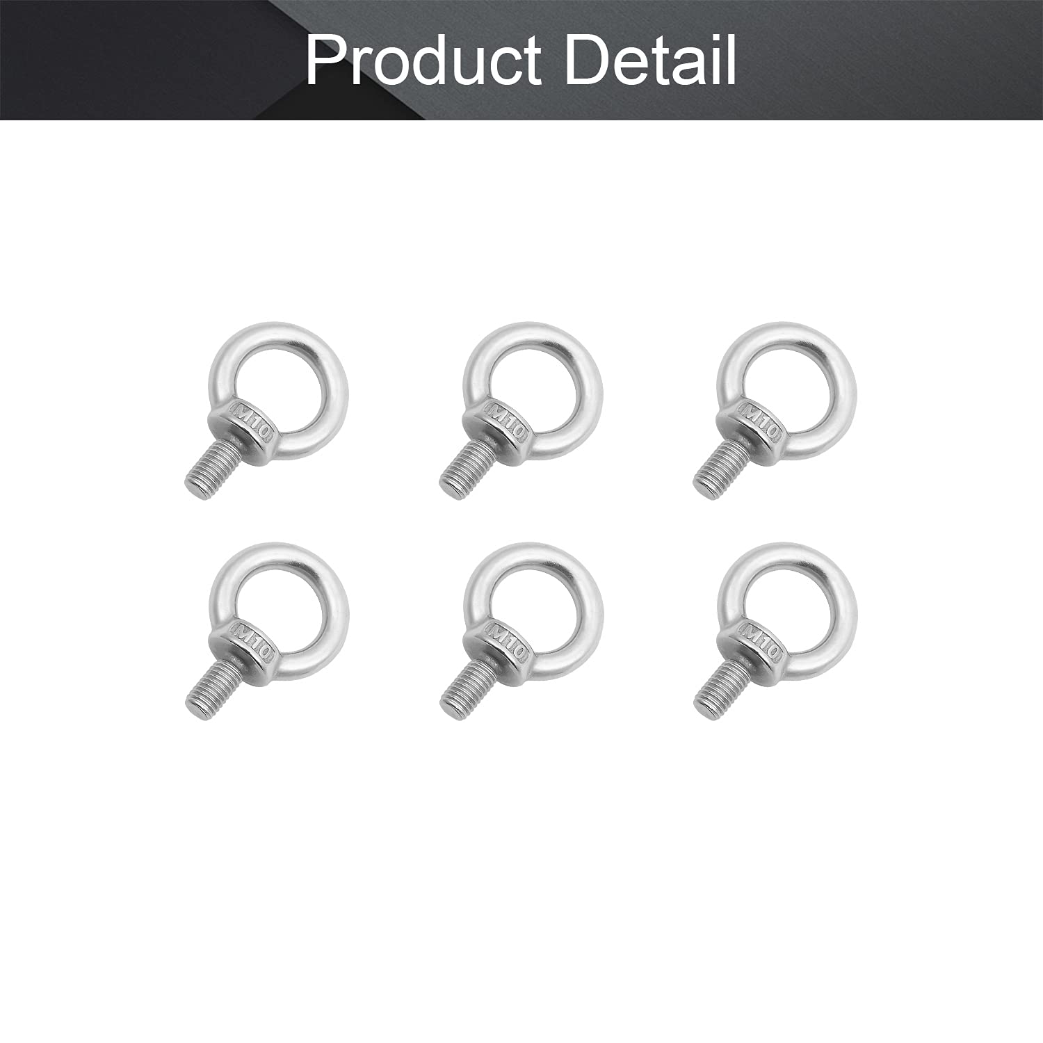 MroMax 6Pcs M10 Lifting Eye Bolts 304 Stainless Steel Male Thread Ring Shaped Metric Eyebolt Fastener for Engineering Lifting Machinery Silver Tone