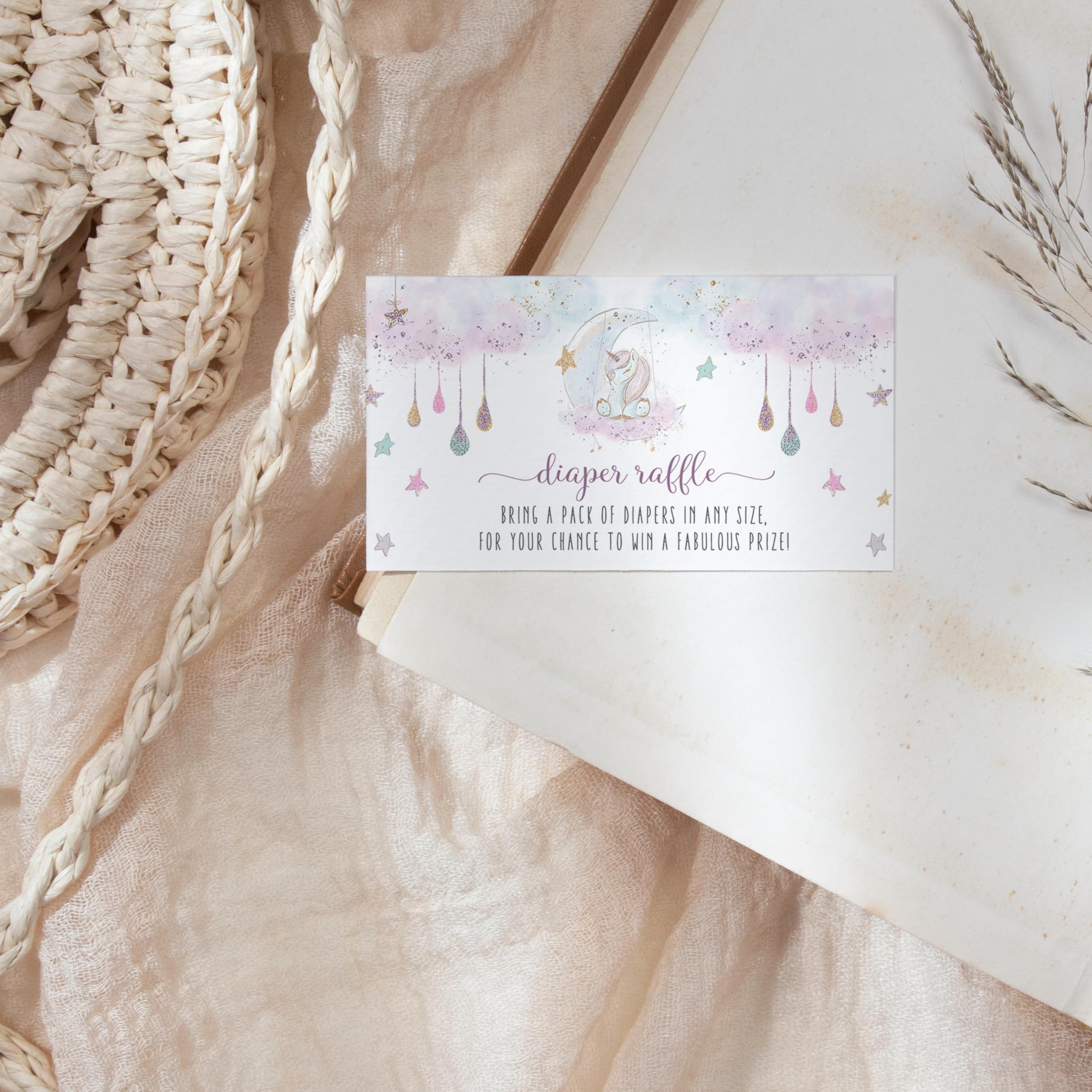 Unicorn Diaper Raffle Tickets, Girls Baby Shower Games for Prizes, Baby Shower Diaper Raffle Invitation Insert Cards, 25 Pack