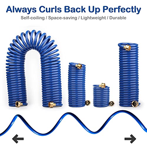 FUNJEE Lightweight EVA Coil 10 FT Garden Hose with GHT Solid Brass Fittings, Water Hose with Brass Connectors (10FT, Blue)