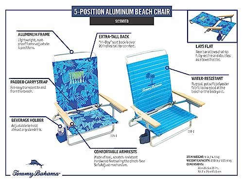 Tommy Bahama 5-Position Lay Flat Cup Holder and Towel Bar Beach Chair, 1-Pack, Floral Print