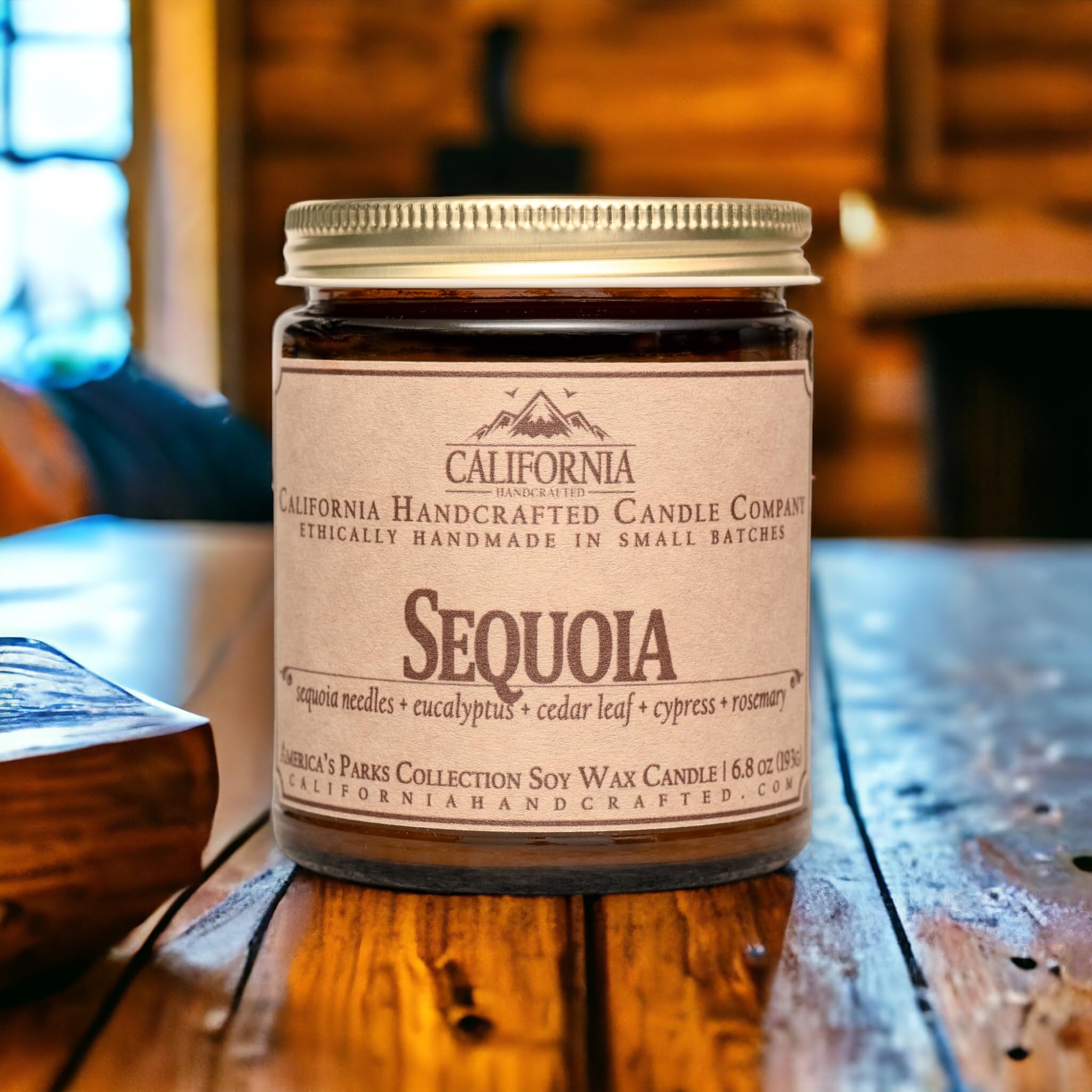 California Handcrafted Sequoia National Park Amber Jar Soy Wax Candle - Sequoia Needles, Eucalyptus, Cedar Leaf, Cypress, Rosemary, 9 oz, America's National Parks Collection