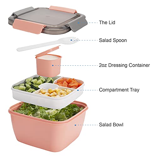 Freshmage Salad Lunch Container To Go, 52-oz Salad Bowls with 3 Compartments, Salad Dressings Container for Salad Toppings, Snacks, Men, Women (Pink)