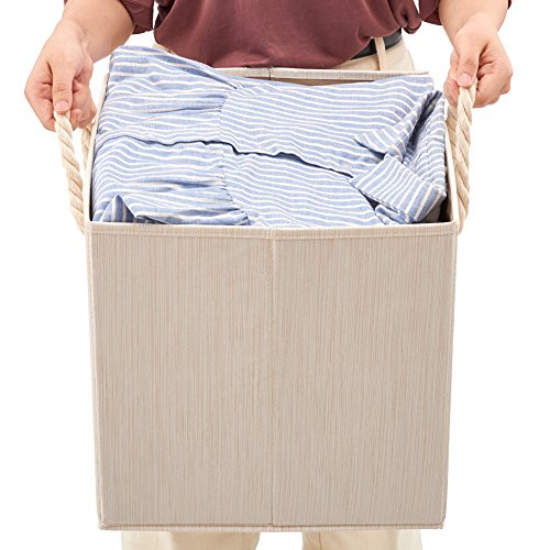 EZOWare Foldable Bamboo Fabric Storage Bin with Cotton Rope Handle, Collapsible Resistant Basket Box Organizer for Shelves, Closet, and More (Set of 2, Beige)