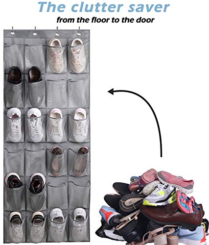 MISSLO Over The Door Shoe Organizer Hanging Closet Holder Hanger Storage Bag Rack with 24 Large Mesh Pockets, Gray