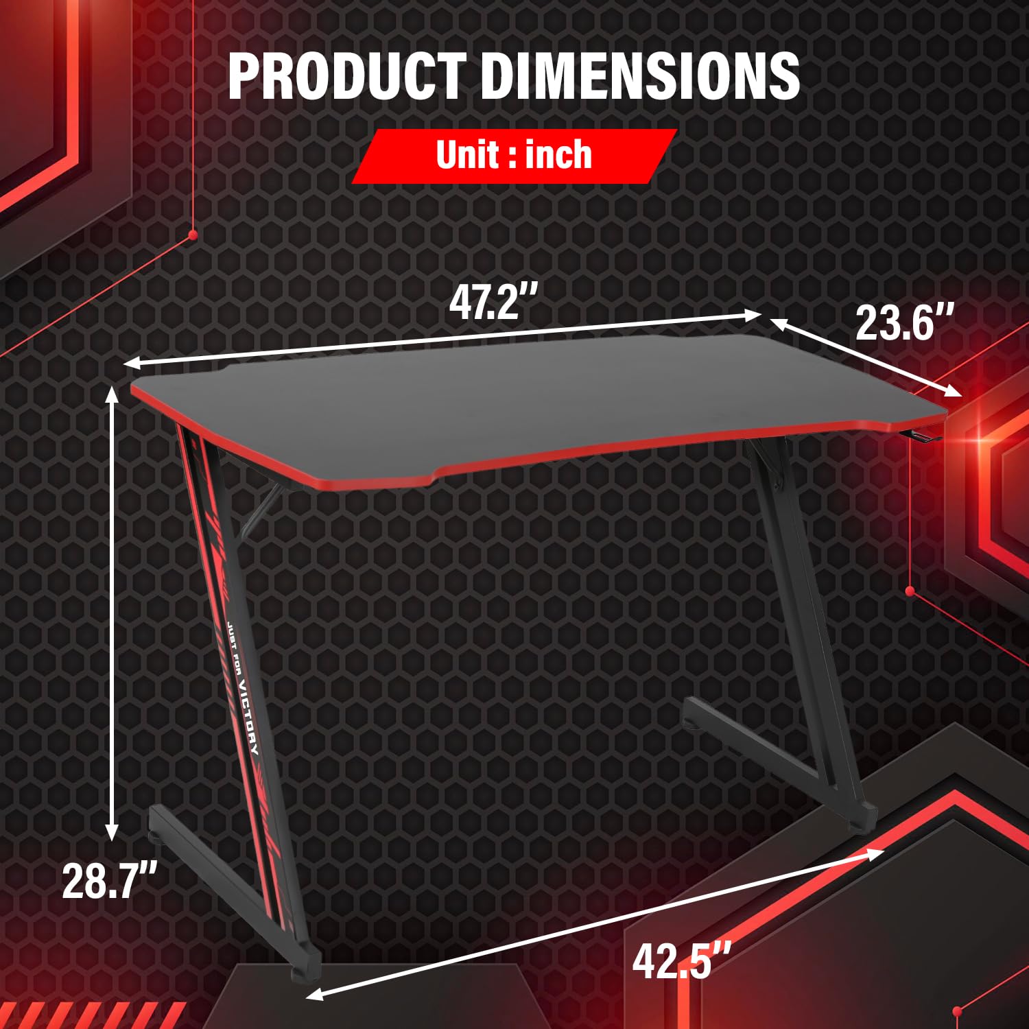 MGHH 47 Inch Gaming Desk Computer Desk Home Office Desk Z Shaped Ergonomic Simple PC Workstaion Gaming Table with Carbon Fibre Surface Headphone Hook Adjustable Leveling Foot for Gamer Player,Red