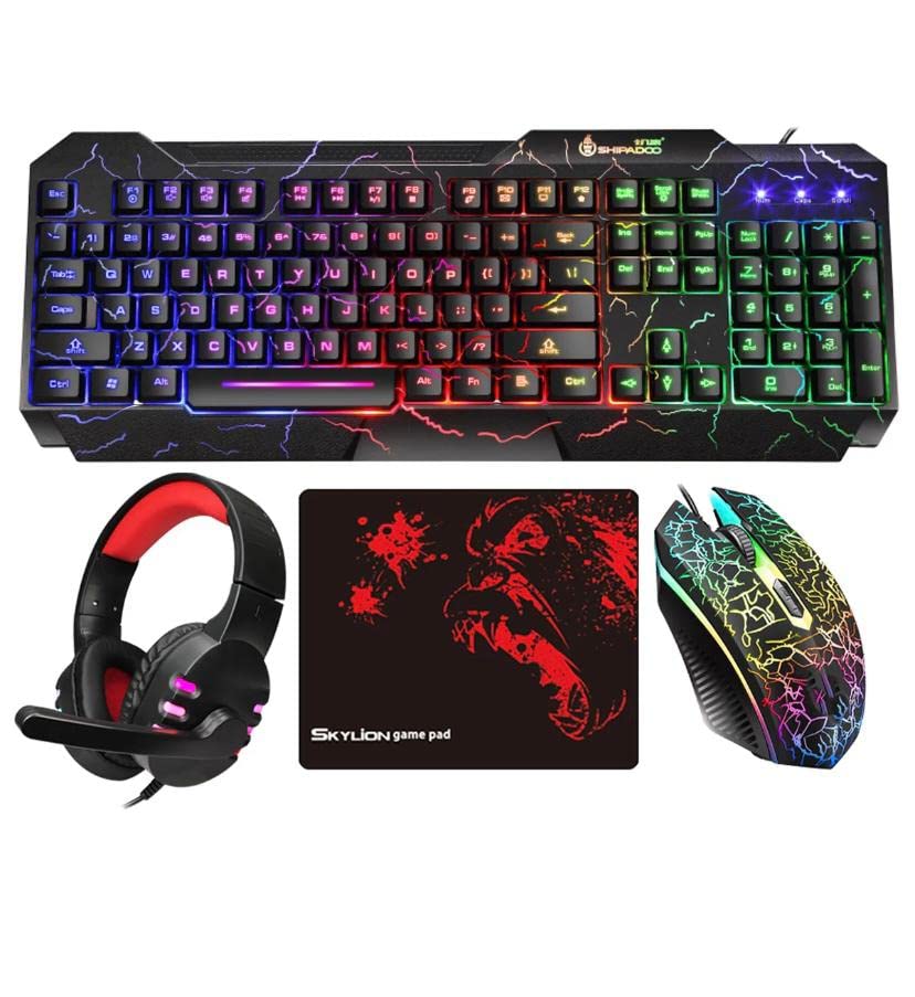 4 in 1 Gaming Combo|Multimedia Rainbow Gaming Keyboard|Rainbow Gaming Mouse|RGB Gaming Headset|Non Slip Gaming Mouse Pad|RGB Gaming Keyboard|Backlit Gaming Headphone|High-Precision Easy Gaming