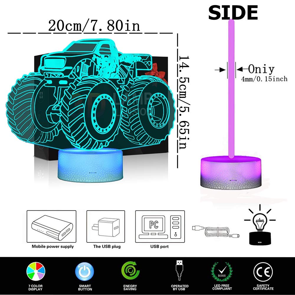 Night Lights for Kids Monster Truck 3D Night Light Bedside Lamp 7 Colors Changing with Remote Control and Timing Function Best Birthday Gifts for Boys Girls Kids Baby