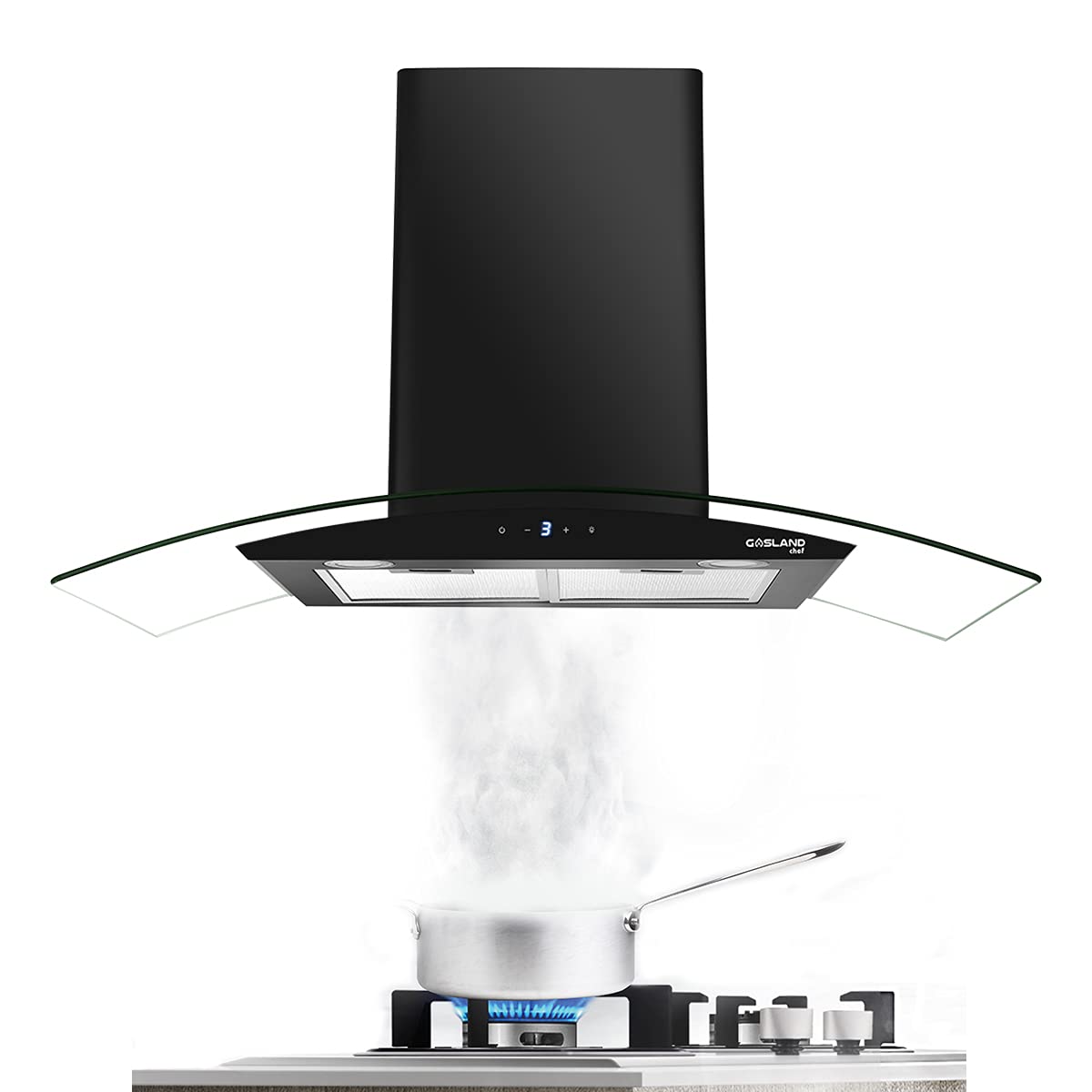 36" Range Hood, GASLAND Chef GR36BS Glass Wall Mount Range Hood Black, 3 Speed 350 CFM Ducted Kitchen Hood with LED Lights, Sensor Touch Control, Convertible Chimney, Aluminum Filter
