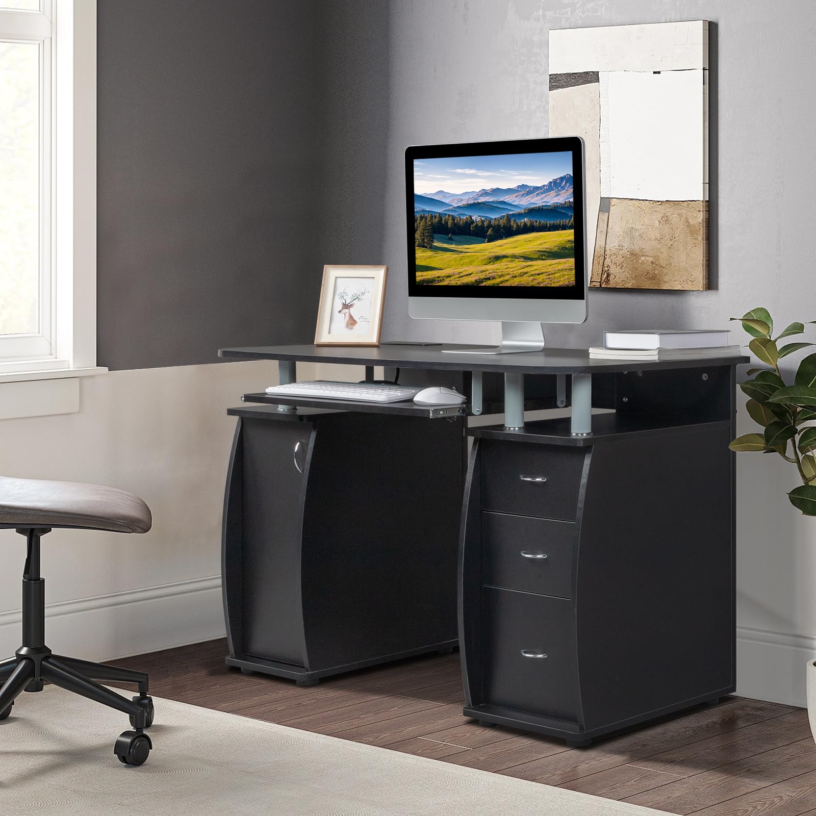 45inch Computer Desk with 3 Drawers Writing Home Office Workstation Modern PC Laptop Workstation Writing Desk Table with Keyboard Tray for Bedroom