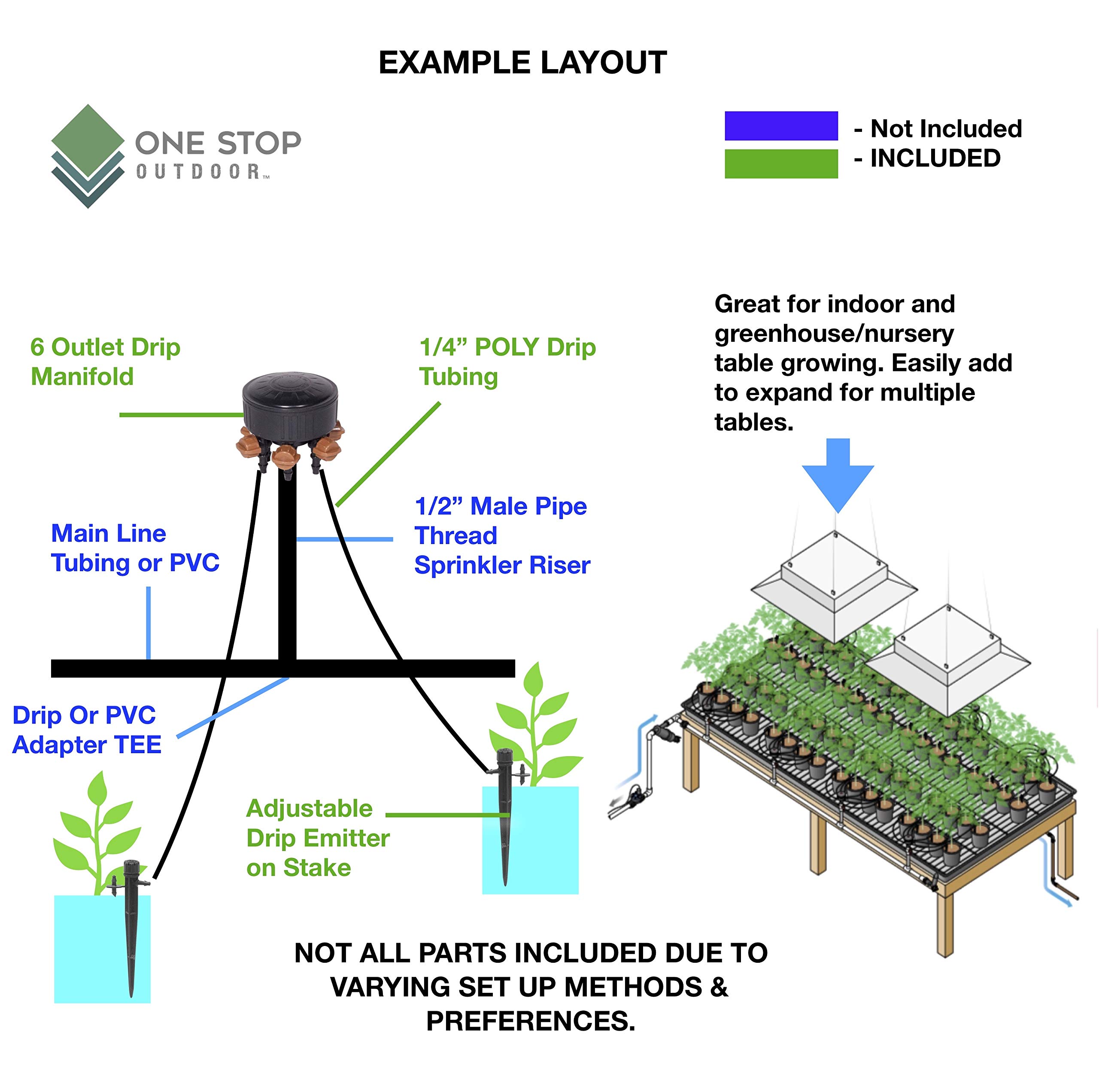 USA Made (6-Plant) - DIY Grow Kit - Great Hydroponics Drip Irrigation Kit - Includes 50ft 1/4 Inch Drip Tubing, 360 Adjustable Emitter Stakes, 6-Outlet Adjustable Manifold 0-20GPH 1/2β FPT (6-Plant)