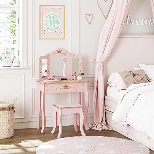 UTEX Pretend Play Kids Vanity Table and Chair Vanity Set with Mirror Makeup Dressing Table with Drawer,Play Vanity Set,Pink