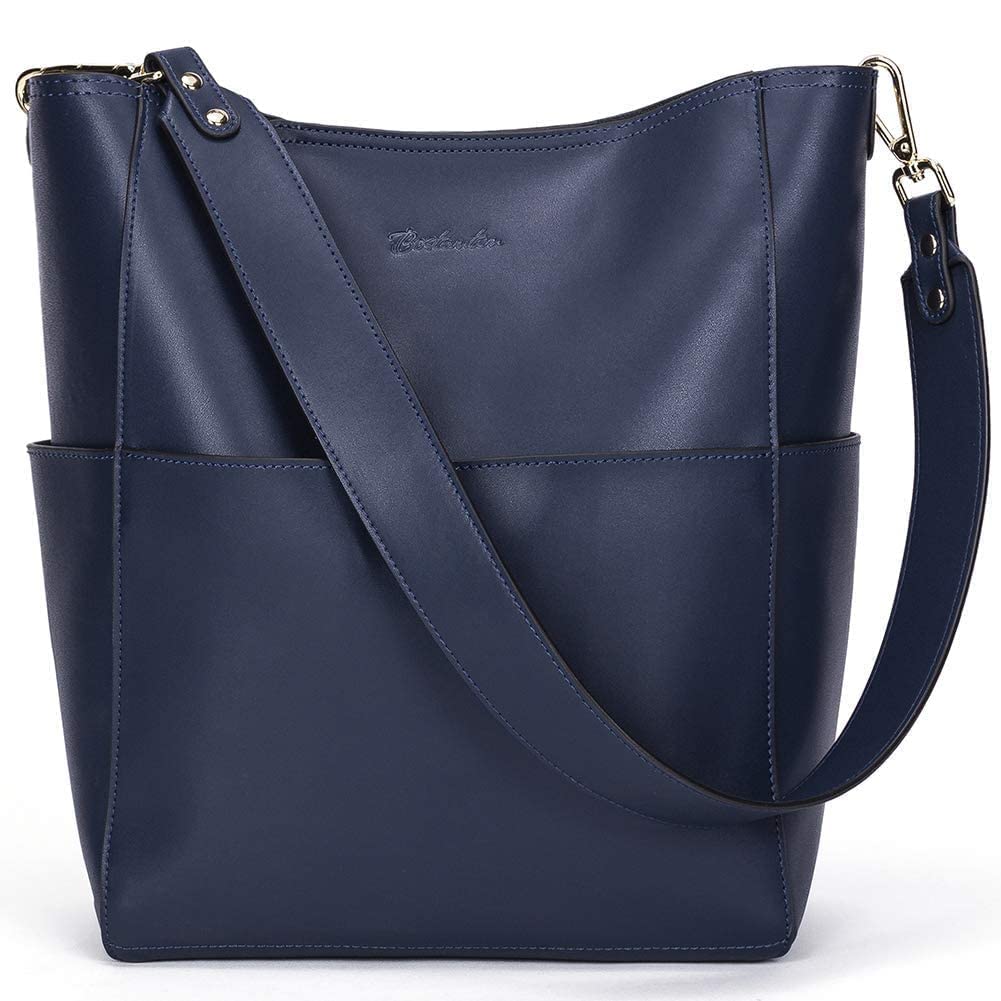 BOSTANTEN Women's Leather Designer Handbags Tote Purses Shoulder Bucket Bag Navy Blue Bundle with Leather Wallets for Women RFID Blocking Zipper Pocket Small Bifold Wallet Card Case