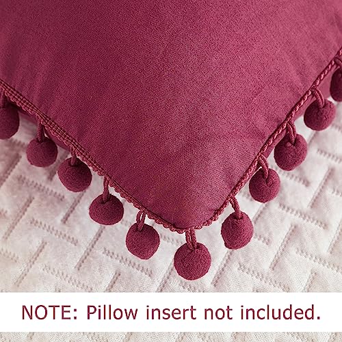 Andency Pom Pom Fringe Duvet Cover Queen Size (90x90 Inch), 3 Pieces (1 Solid Burgundy Red Duvet Cover, 2 Pillowcases) Soft Washed Microfiber Duvet Cover Set with Zipper Closure, Corner Ties
