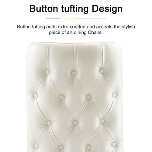 AZhome Dining Chairs, White Faux Leather Upholstered Dining Room Chairs in Button-Tufted Back, Dining Chairs with Gold Legs for Kitchen Dining Room, Set of 2