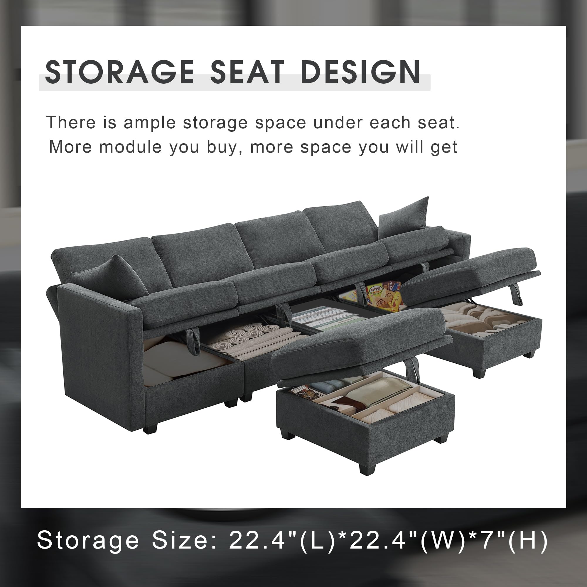 Bellemave U Shape Sectional Sofa Oversize Modular Sofa Couch with Adjustable Armrests and Backrests, Upholstery Convertible Sofa 6 Seat Reversible Sofa with Storage Seats for Living Room (Grey)