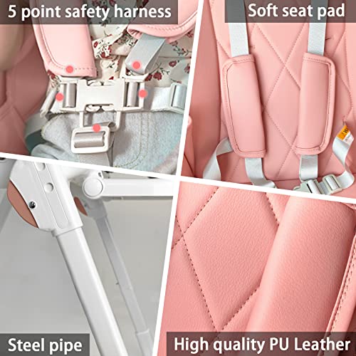 Babilous 4 in 1 Baby High Chair Foldable Booster Seats, Portable and Compact Adjustable High Babychair for Babies and Toddlers - Multiple Heights and Positions(Pink)