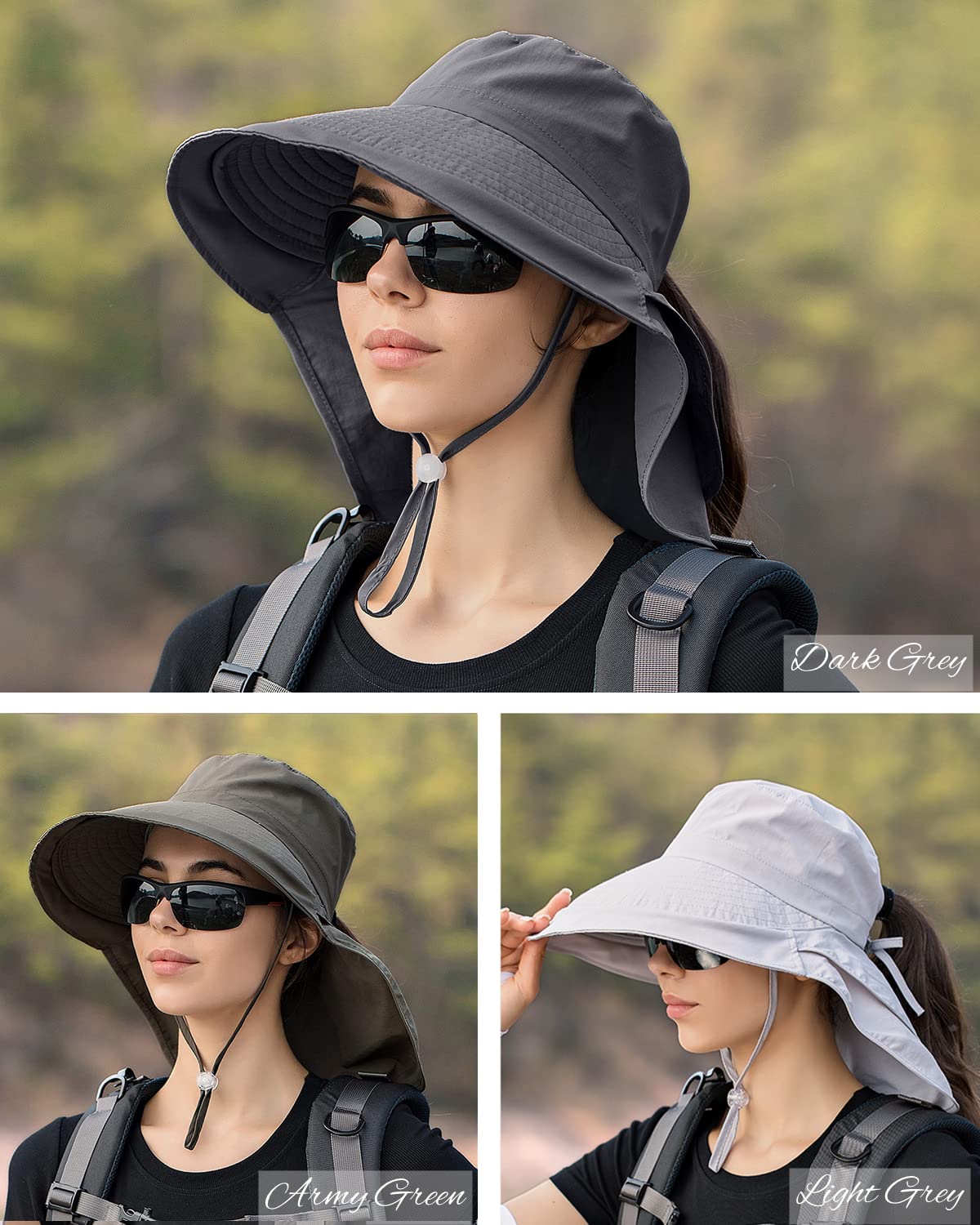 3 Pack Womens Ponytail Sun Hat with Neck Flap Wide Brim UV Protection Bucket Hat Summer Beach Fishing Hiking Garden UPF 50+ (3 Pack-Dark Grey&Light Grey&Army Green)