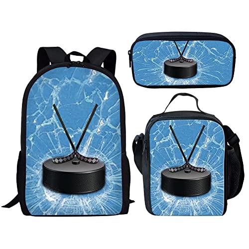 AmzPrint Ice Hockey 3 In 1 School Backpack Set 17 Inch Black Shoulder Student Backpack Insulated Lunch Box Pencil Bag Set