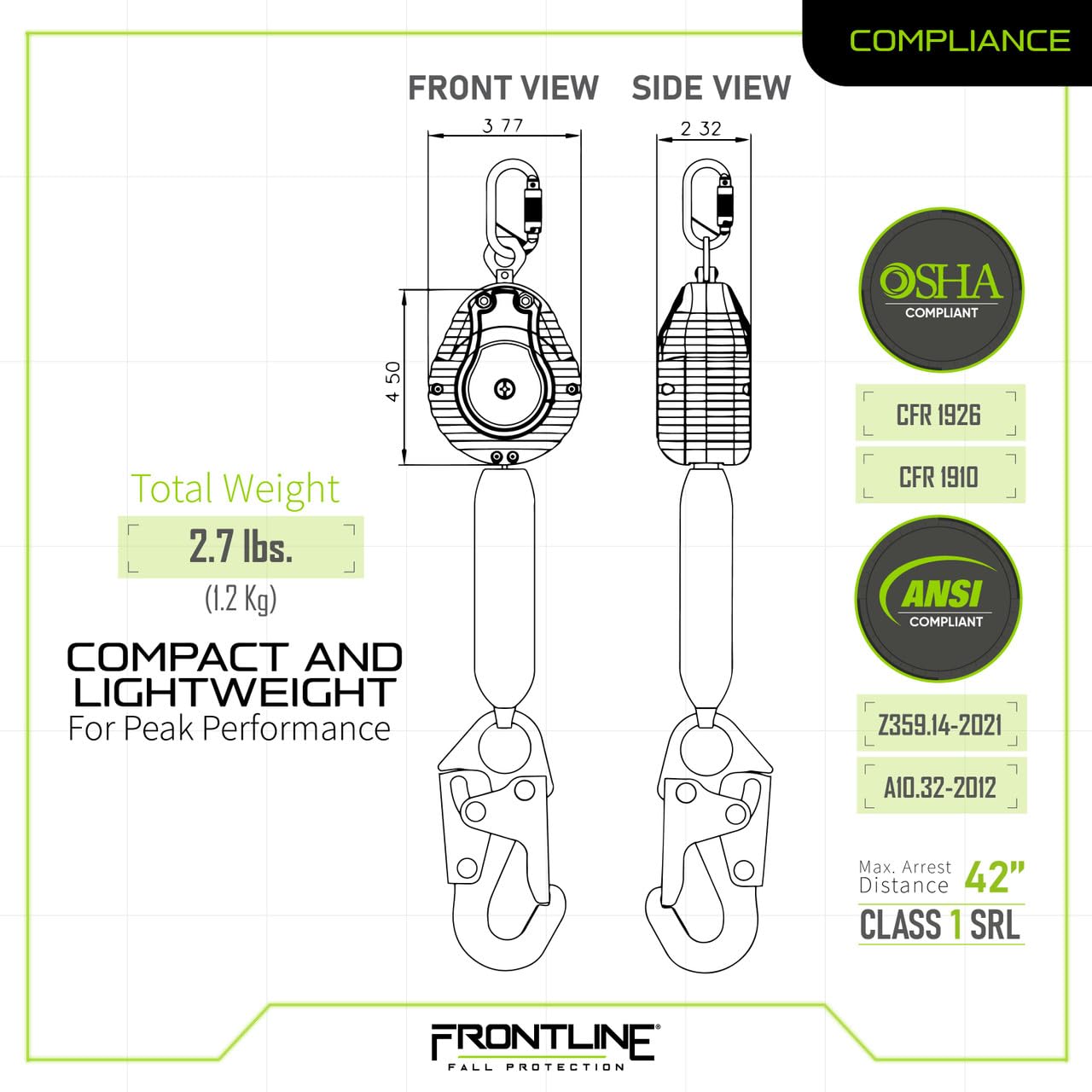 Frontline RPW061S 6' Web SRL with Steel Snap Hook | Pocket-Sized Design | Lightweight & Durable | High-Strength Webbing | Quick-Action Braking | 310 lbs Capacity | ANSI & OSHA Compliant
