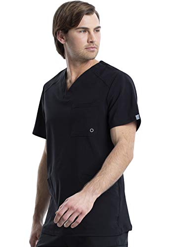 Cherokee V- Neck Men's Scrub Top with Rib Knit Back Panels CK900A, M, Black