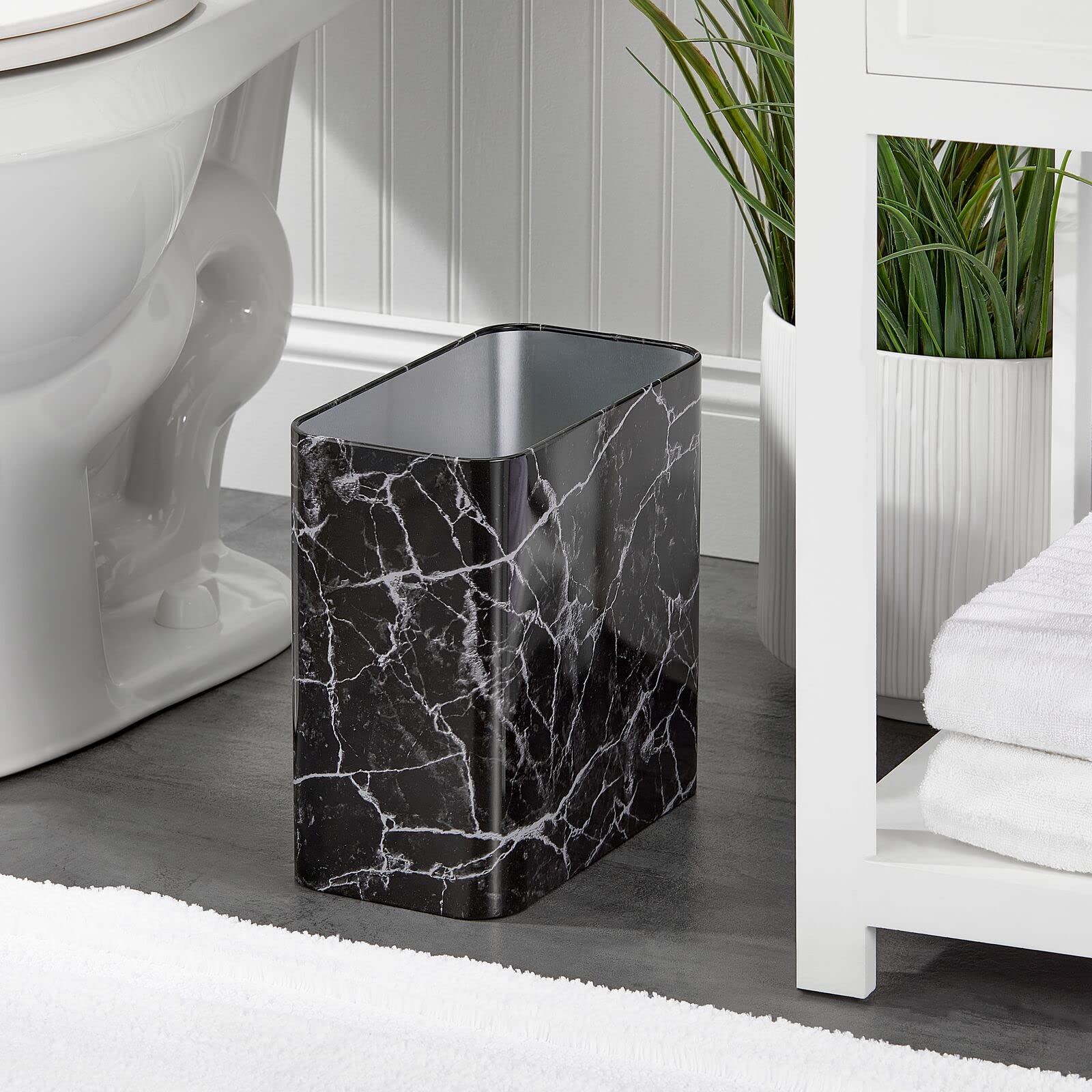 mDesign Small Metal 2.4 Gallon/9 Liter Trash Can Wastebasket Garbage Bin for Bathroom, Slim Rubbish Waste Bin Trashcans for Master/Guest Bath, Mirri Collection, Black Marble