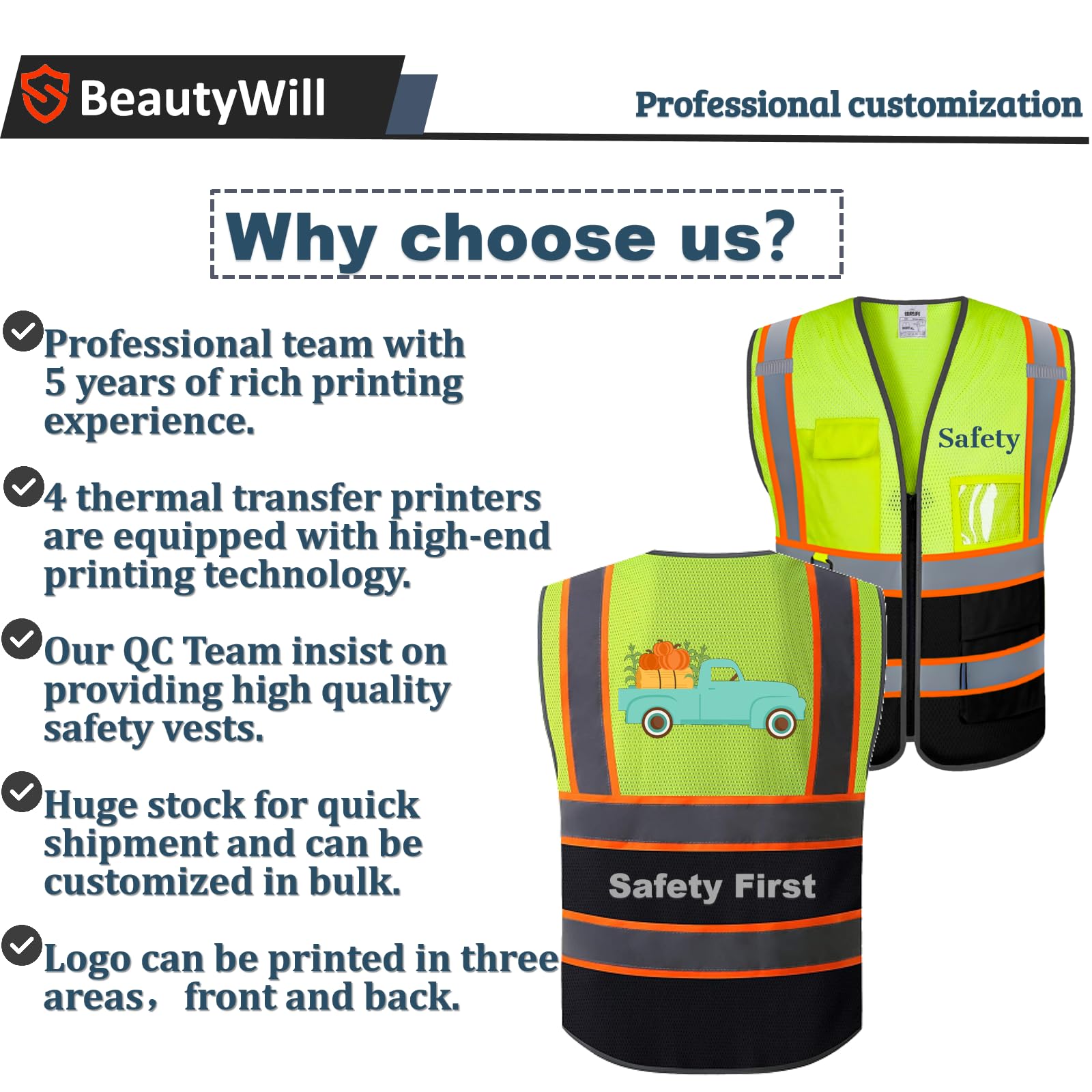 BeautyWill Custom Mesh Safety Vest Customized Logo Class2 High Visibility Reflective Vest with Pockets Construction workwear (Yellow Black,L )