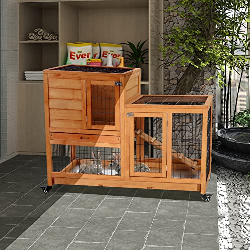 Arlopu Rabbit Hutch on Wheels Rabbit Cage Indoor Bunny Hutch with Run, Wooden Rabbit House with 2 No Leak Trays, 4 Casters, No-Slip Ramp, 2 Lockable Door (Golden red)