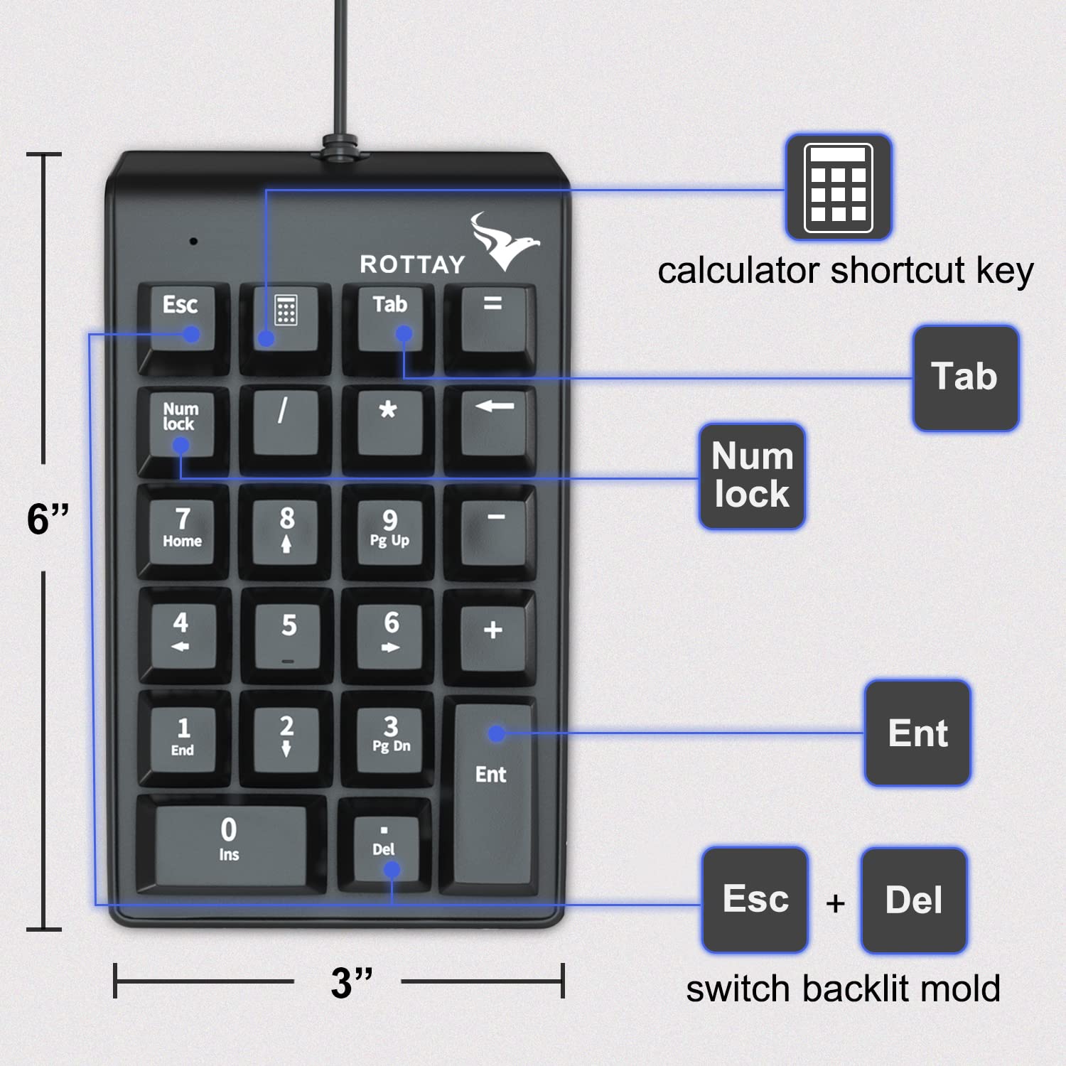 Rottay Number Pad, Mechanical USB Wired Numeric Keypad with Blue LED Backlit 22 Key Numpad for Laptop Desktop Computer PC Black (Blue switches)