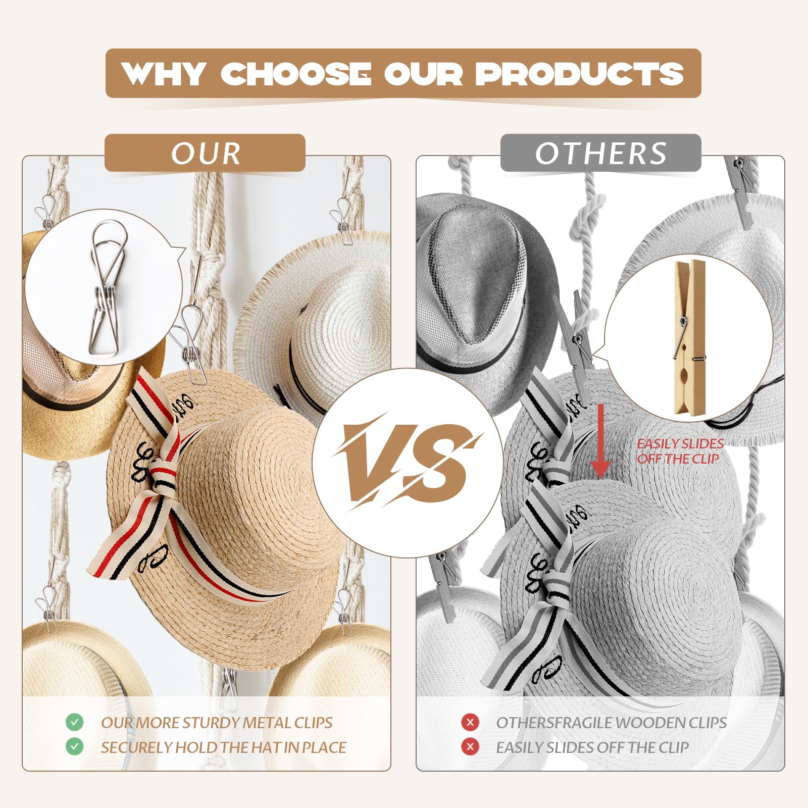 YedsIntu 2 Pcs Macrame Hat Hangers Hat Rack for Wall, Women Boho Hanging Hat Organizer Display Holder Storage for Wide Brimmed Fedora Sun Hats Cowboy