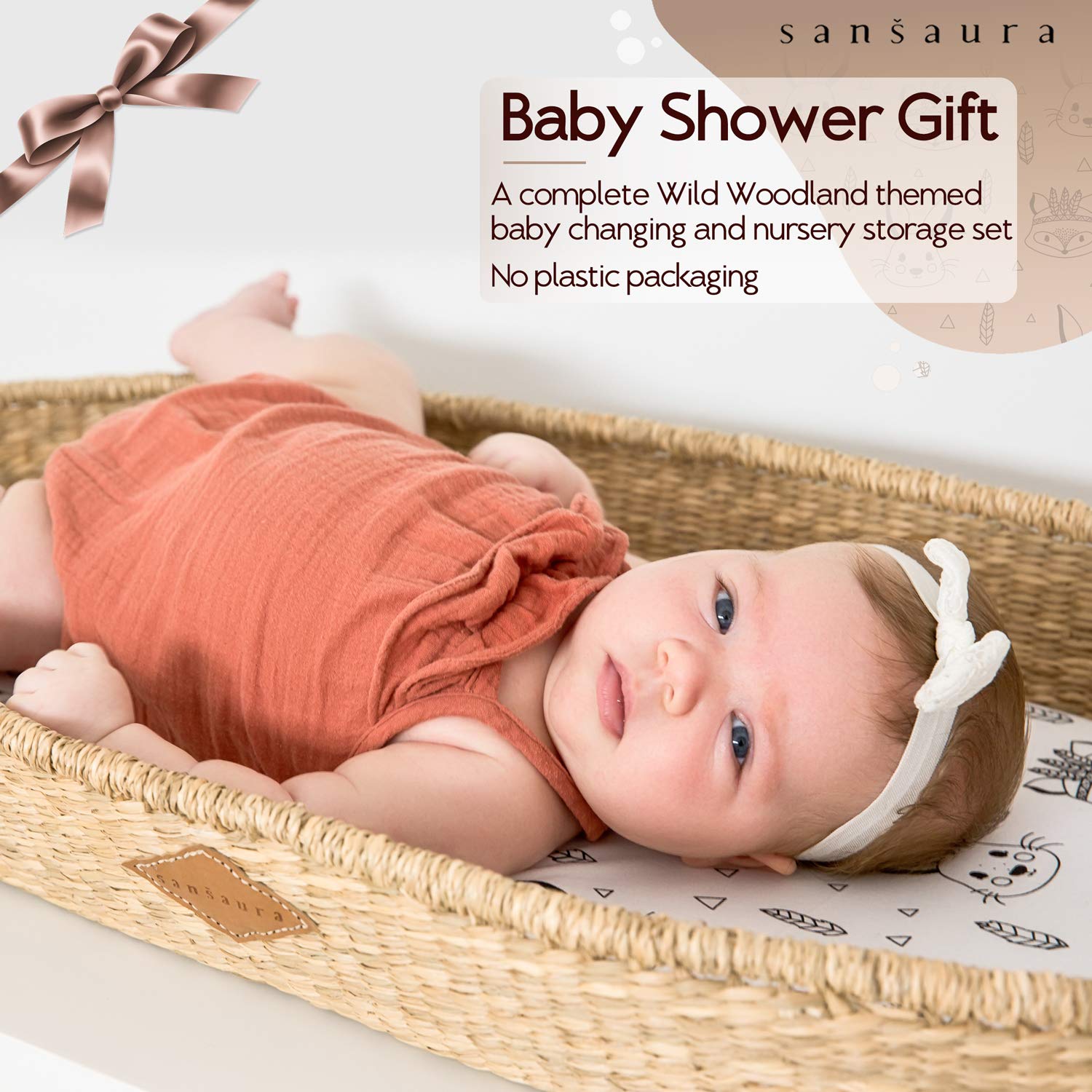 Sansaura Nursery Set - Seagrass Baby Changing Basket, Diaper Basket, with Thick Waterproof Pad & 100% Cotton Fitted Sheet, Toy Storage Bag, Woodland Designs, Shower Gift for Newborns, Boho nursery