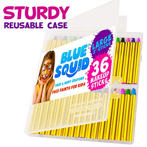 Face Paint Crayons for Kids, Blue Squid 36 Jumbo 3.25" Face & Body Painting Makeup Crayons, Safe for Sensitive Skin, 8 Metallic & 28 Classic Colors, Great for Birthdays & Halloween Makeup