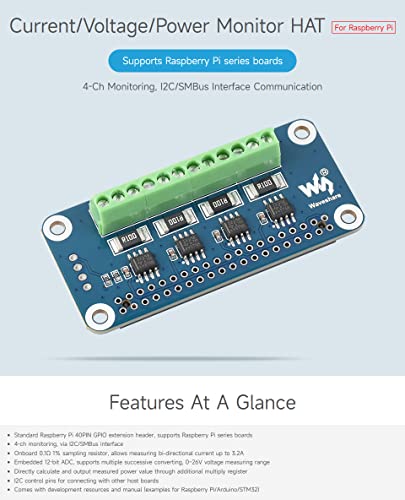 waveshare 4-ch Current/Voltage/Power Monitor HAT for Raspberry Pi with I2C/SMBus Interface