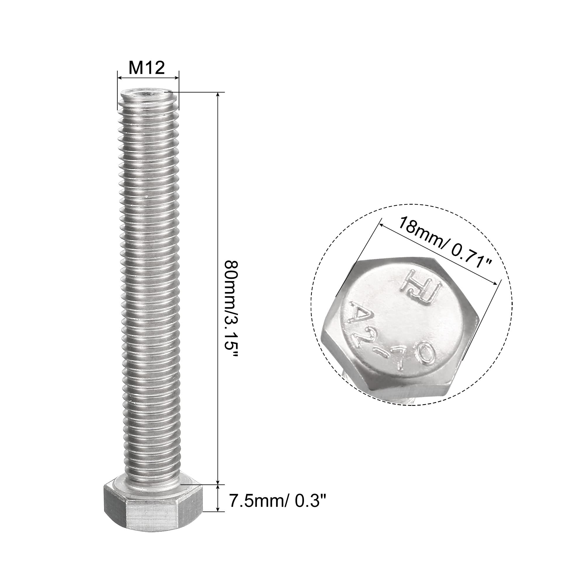 uxcell M12x 80mm Hex Bolts 304 Stainless Steel Hexagon Screw Bolt 5pcs