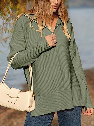 ANRABESS Womens 2023 Fall Oversized Zip Sweaters Long Sleeve V Neck Collar Casual Loose Baggy Ribbed Knit Pullover Quarter Zip Tunic Sweater with Slit B770kaqilv-L Dark Green