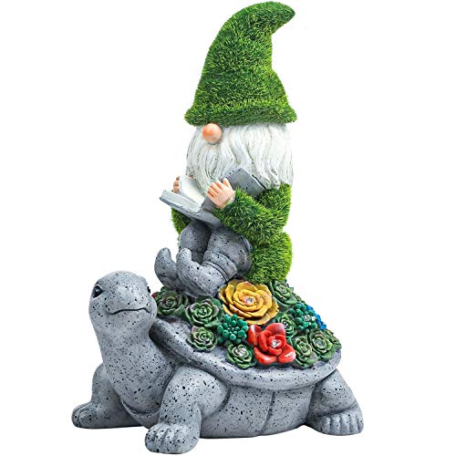 Garden Statue Gnome Cute - Large Outdoor Gnome Statue Sculptures with Solar Lights, Resin Gnome Figurine Sitting on Turtle with Umbrella for Home Patio Yard Lawn Porch Decorations