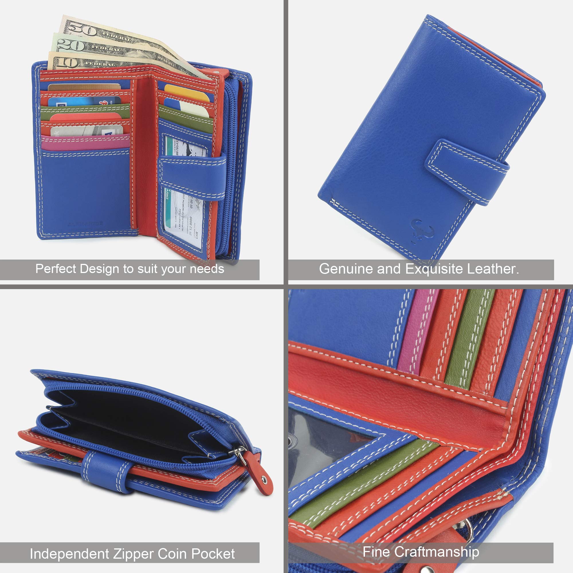 ALPHAHIDE Genuine Leather Wallet for Women - RFID Blocking Ladies Wallet - Multi Coloured Purse - Credit Card holder with Zip Coin Pocket - Gift Boxed